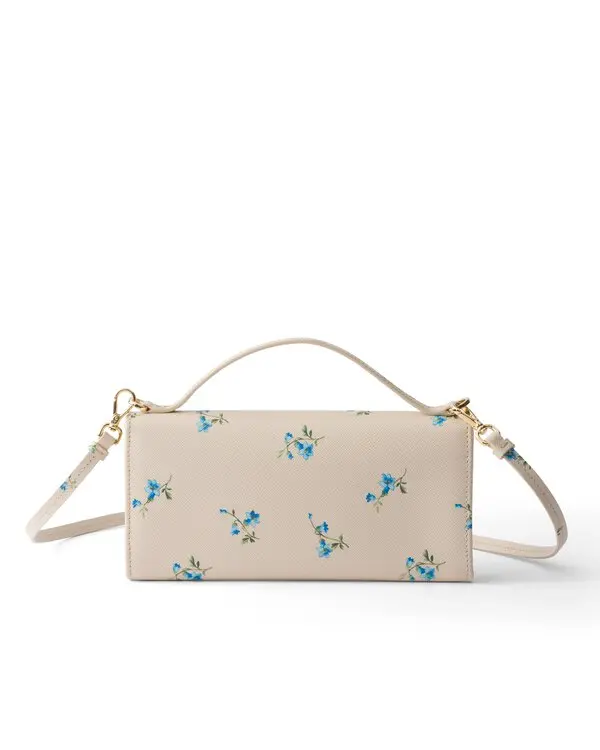 Prada Printed Saffiano Leather Wallet With Shoulder Strap - Neutral
