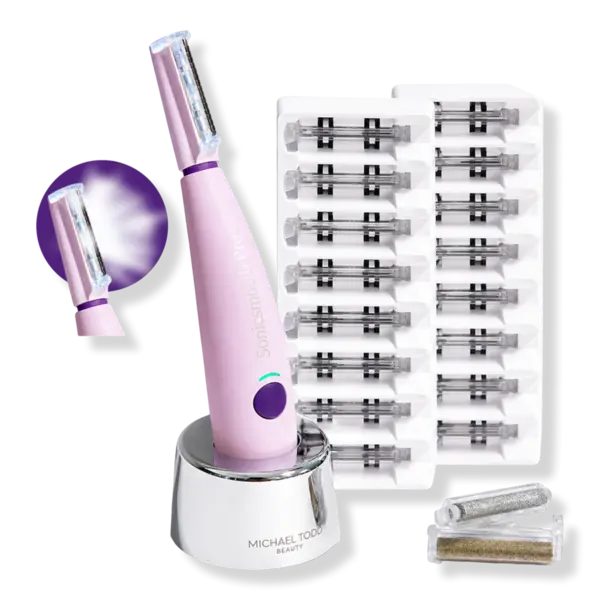 MICHAEL TODD BEAUTY Sonicsmooth Pro+ Dermaplaning Peach Fuzz Remover Led Light, 16 Blades, 2 Exfoliation Tips - Pink