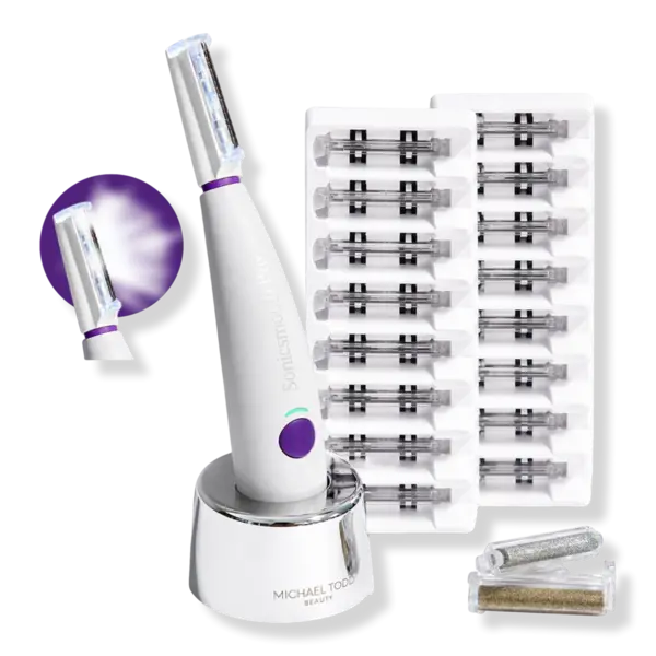 MICHAEL TODD BEAUTY Sonicsmooth Pro+ Dermaplaning Peach Fuzz Remover Led Light, 16 Blades, 2 Exfoliation Tips - White
