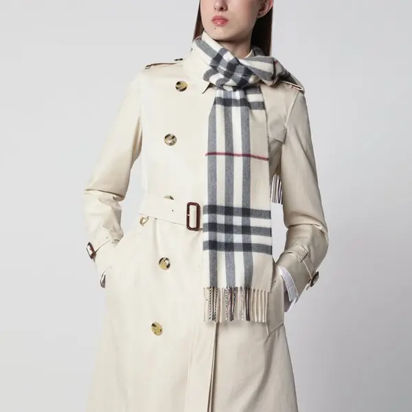 Burberry Check Cashmere Scarf In Stone - Grey