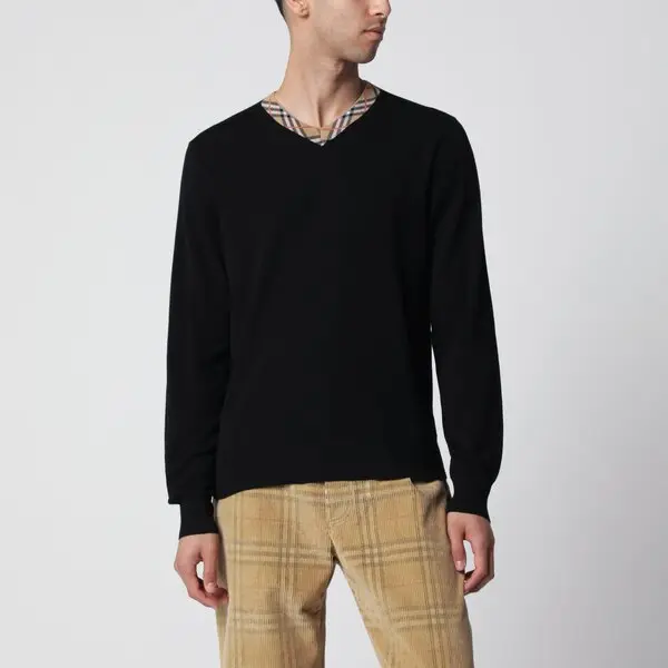 Burberry Wool V-neck Sweater With Check Motif - Black