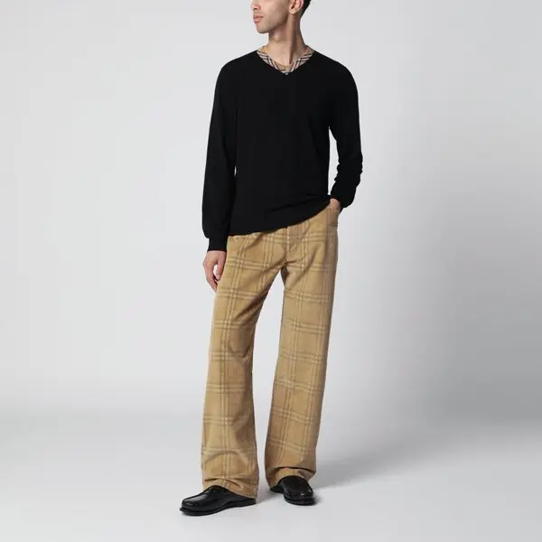 Burberry Wool V-neck Sweater With Check Motif - Black