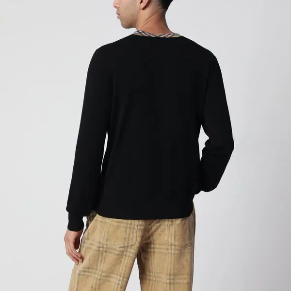 Burberry Wool V-neck Sweater With Check Motif - Black