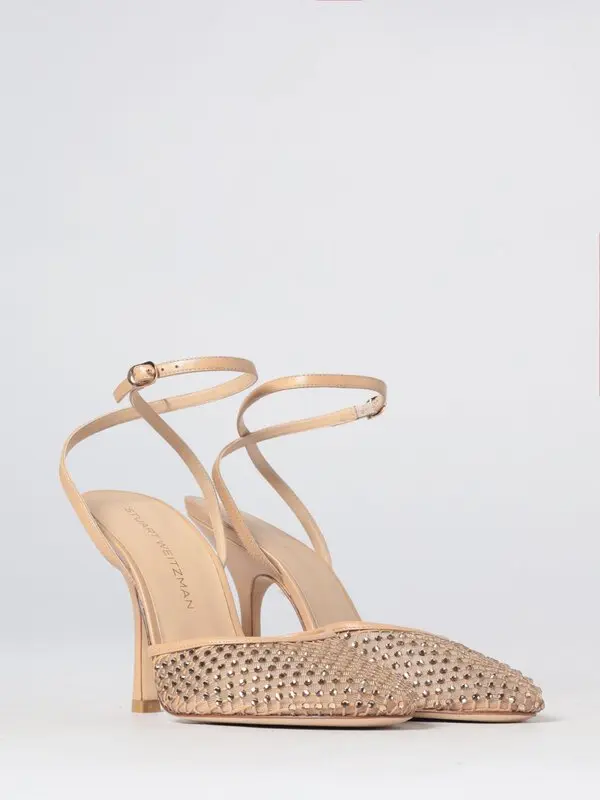 STUART WEITZMAN Embellished Mesh Stiletto Heel Pumps With Ankle Strap - Gold