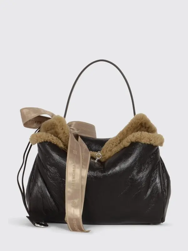 Balenciaga Leather And Shearling Rodeo Bag With Logo Bow