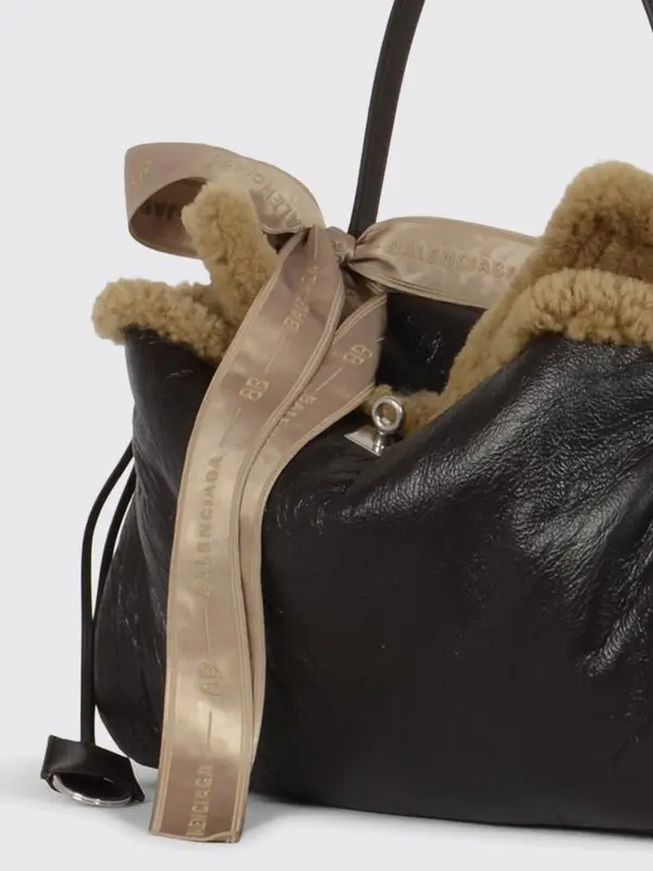 Balenciaga Leather And Shearling Rodeo Bag With Logo Bow