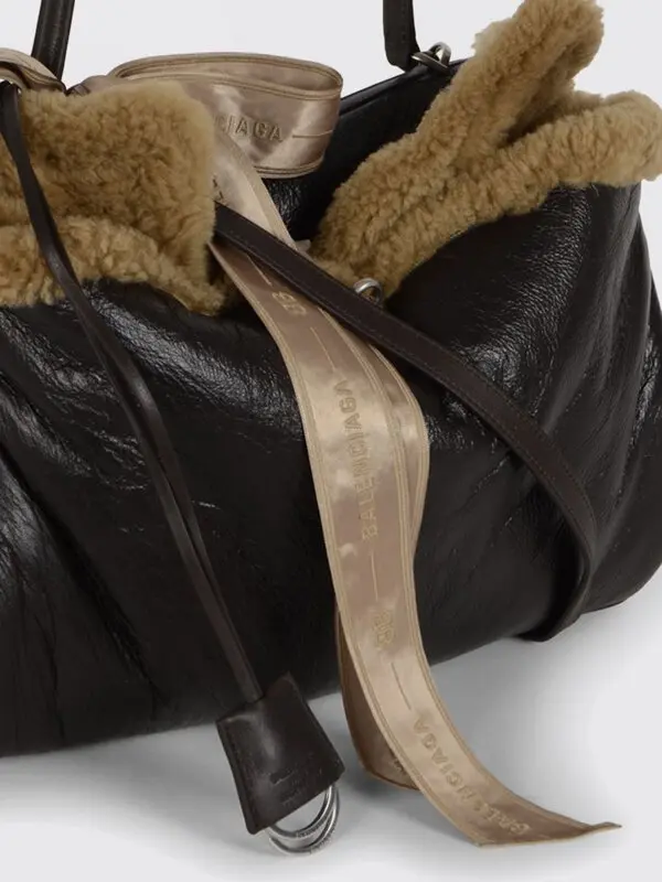 Balenciaga Leather And Shearling Rodeo Bag With Logo Bow