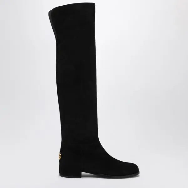 Dolce & Gabbana Suede Knee-high Boots With Gold Dg Logo - Black