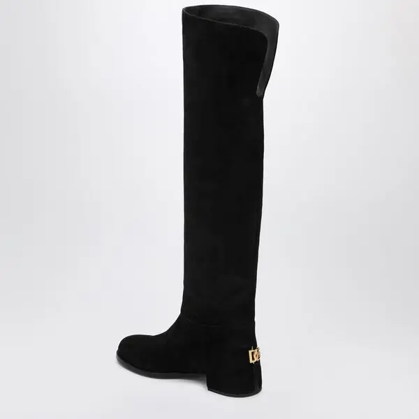Dolce & Gabbana Suede Knee-high Boots With Gold Dg Logo - Black