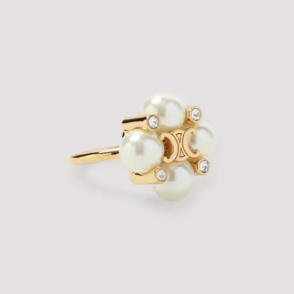 Celine Gold Brass Ring With Pearl And Crystal Details