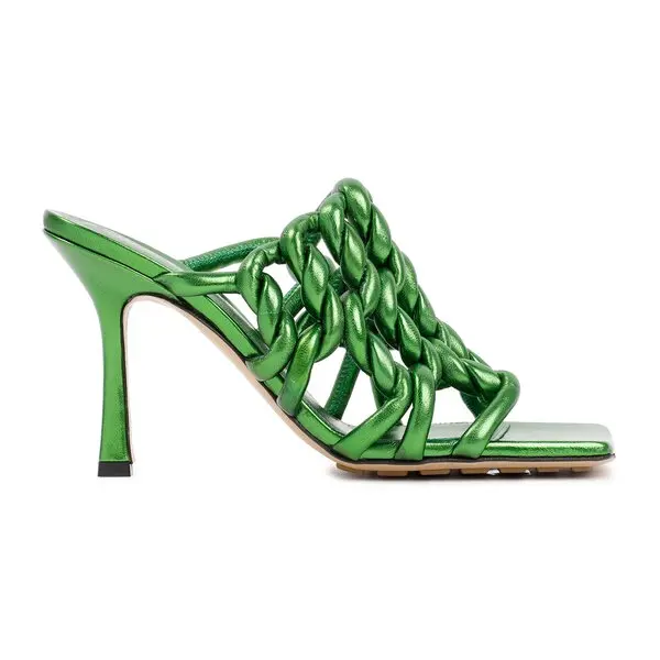 Bottega Veneta Metallic Woven Stretch Mule Sandals - Green