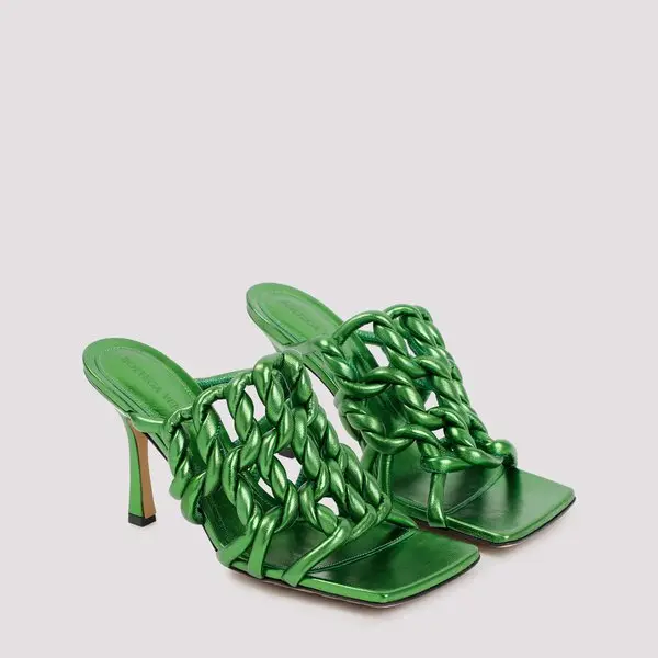 Bottega Veneta Metallic Woven Stretch Mule Sandals - Green
