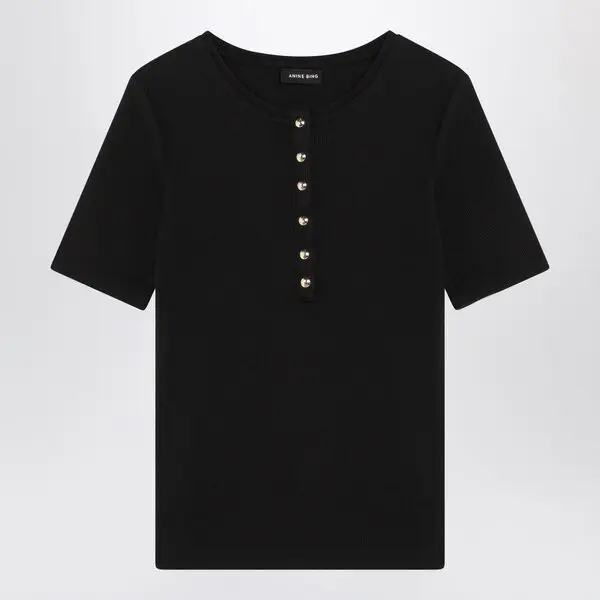 ANINE BING Ribbed Cotton T-shirt With Gold-tone Buttons - Black