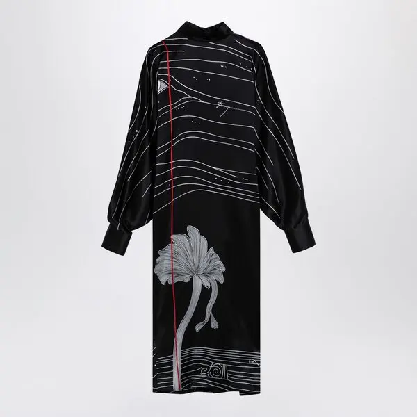 FERRAGAMO Silk Satin Midi Dress With Spirit Print - Black
