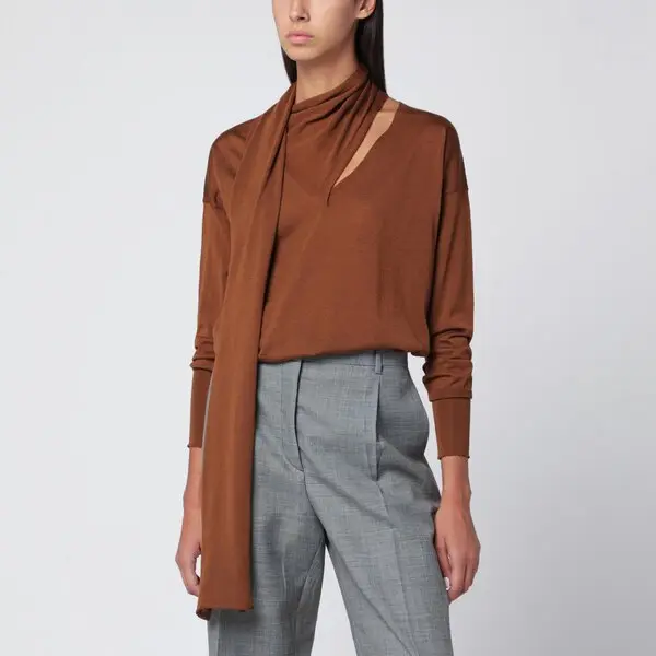 ROBERTO COLLINA Wool Sweater With Integrated Scarf - Brown