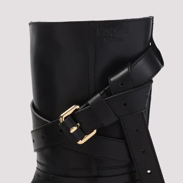 Moschino Leather Buckled Ankle Boots - Black
