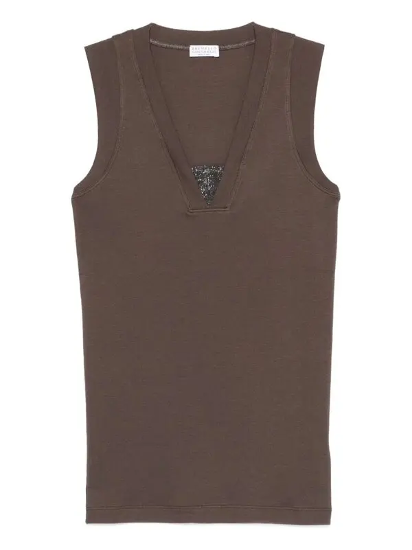 Brunello Cucinelli Stretch Cotton Jersey Tank Top With Embellished Detail - Brown