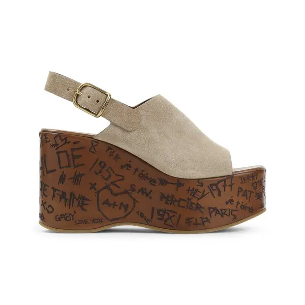 Chloé Beige Suede Calf Leather Maxime Wedge Sandals With Graphic Detailing - Multicolor