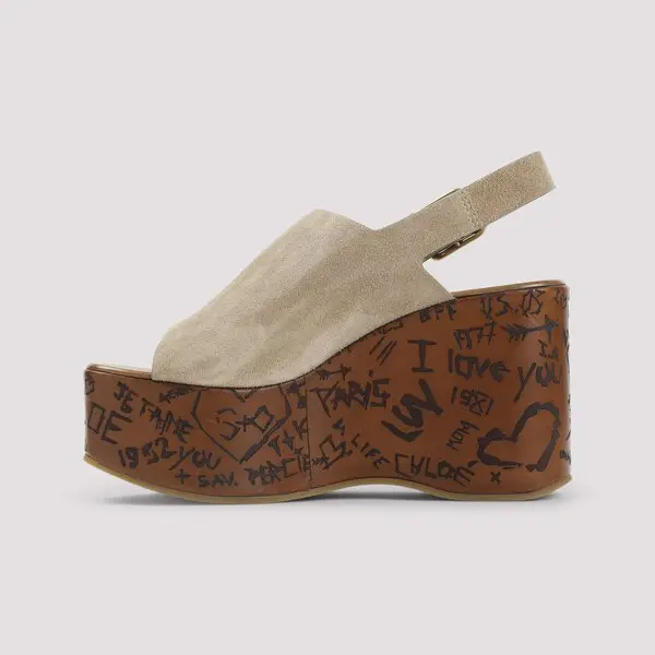 Chloé Beige Suede Calf Leather Maxime Wedge Sandals With Graphic Detailing - Multicolor