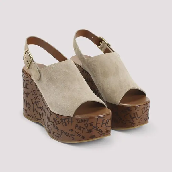Chloé Beige Suede Calf Leather Maxime Wedge Sandals With Graphic Detailing - Multicolor