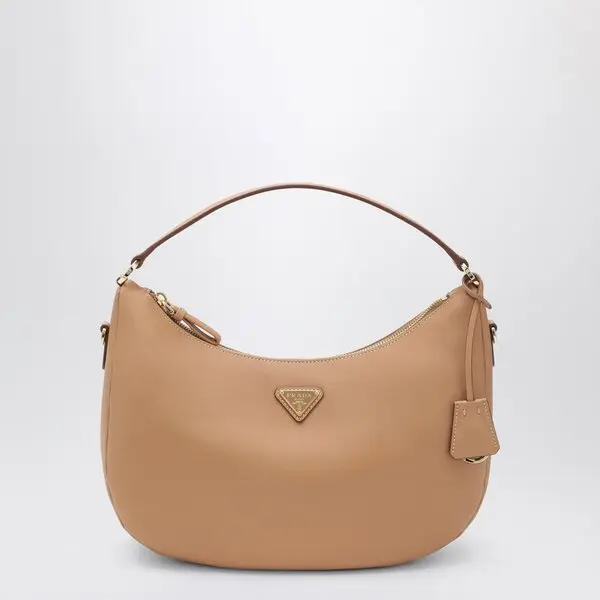 Prada Leather Shoulder Bag With Enamelled Triangle Logo - Cream