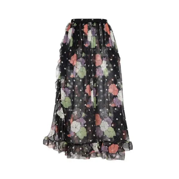 Etro Floral Polka Dot Ruffled Silk Maxi Skirt - Black