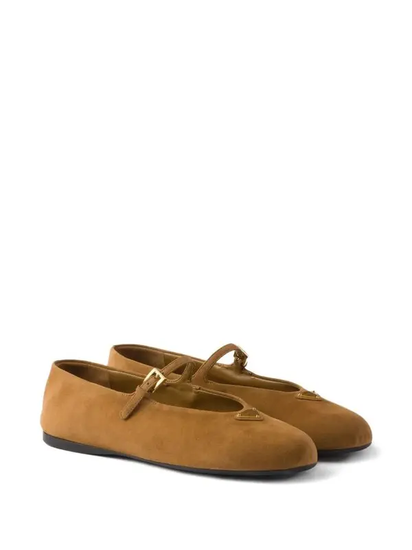 Prada Round Toe Suede Ballerinas With Buckled Strap - Brown