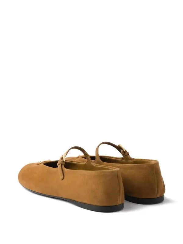 Prada Round Toe Suede Ballerinas With Buckled Strap - Brown