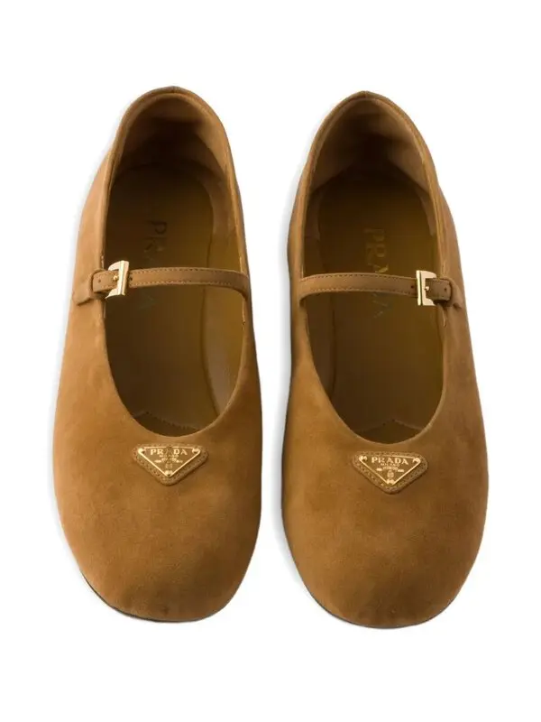 Prada Round Toe Suede Ballerinas With Buckled Strap