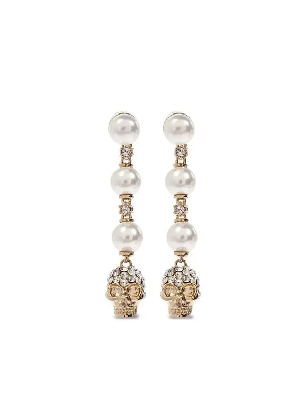 Alexander McQueen Skull And Pearl Drop Earrings - Silver