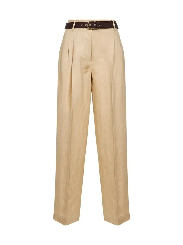 Max Mara Beige Faded Linen Twill Belted Wide-leg Trousers - Multicolor