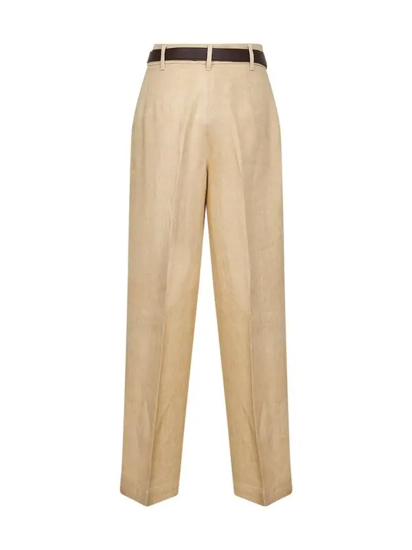 Max Mara Beige Faded Linen Twill Belted Wide-leg Trousers - Multicolor