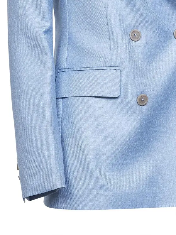 Tagliatore Light Blue Wool, Silk, And Linen Double-breasted Blazer