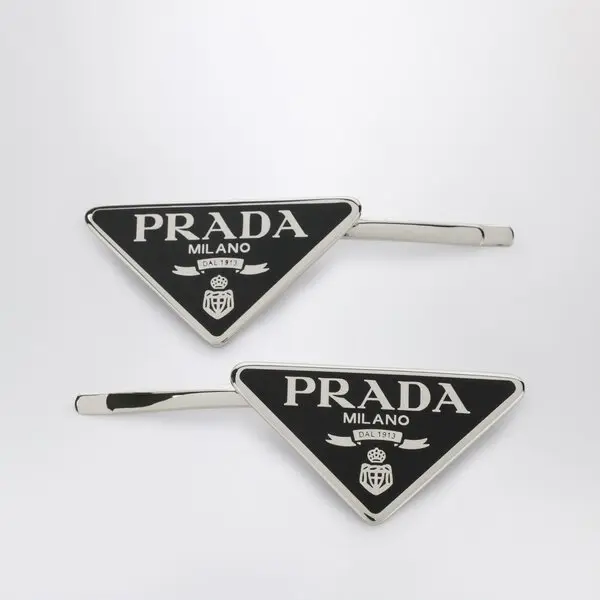 Prada Set Of Two Hair Clips With Logo Plaque - Black