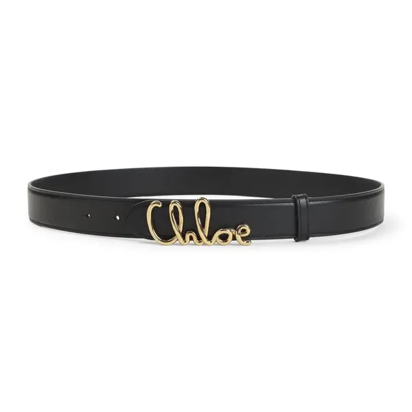 Chloé Leather Belt With Gold-tone Logo Buckle - Black