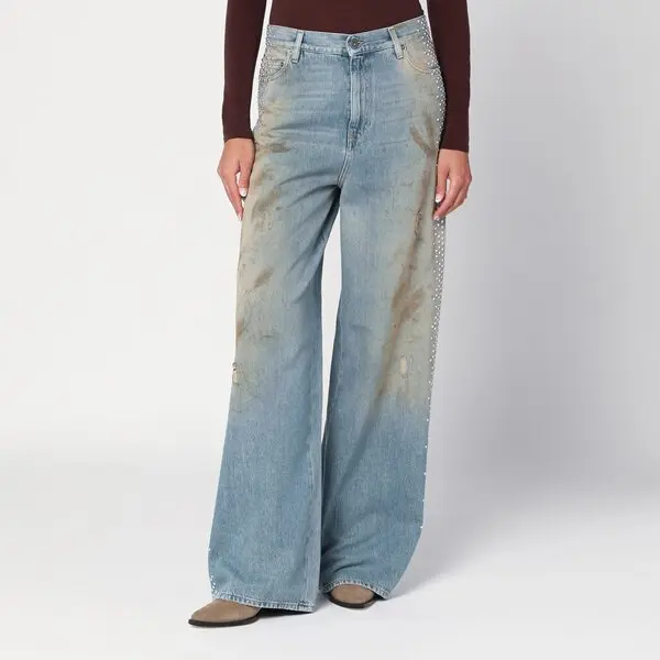 GOLDEN GOOSE Wide Leg Jeans With Distressed Effect And Stud Embellishments - Blue