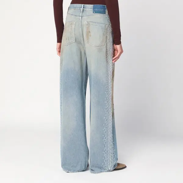 GOLDEN GOOSE Wide Leg Jeans With Distressed Effect And Stud Embellishments - Blue