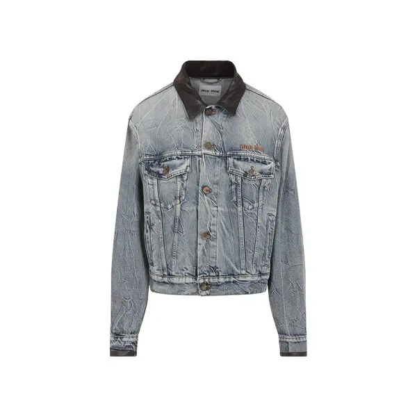 Miu Miu Denim Jacket With Leather Collar - Blue