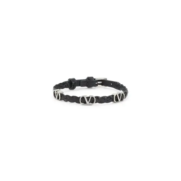 Valentino Garavani Braided Leather Bracelet With Silver-tone V-logo Detail - Black
