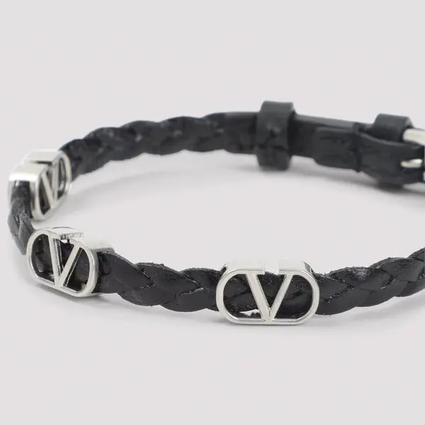 Valentino Garavani Braided Leather Bracelet With Silver-tone V-logo Detail