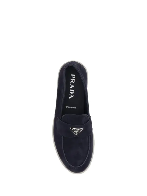 Prada Suede Loafers With Triangular Plaque - Blue