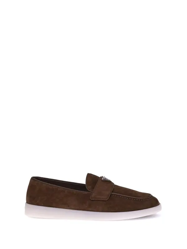 Prada Suede Loafers With Triangular Plaque - Brown