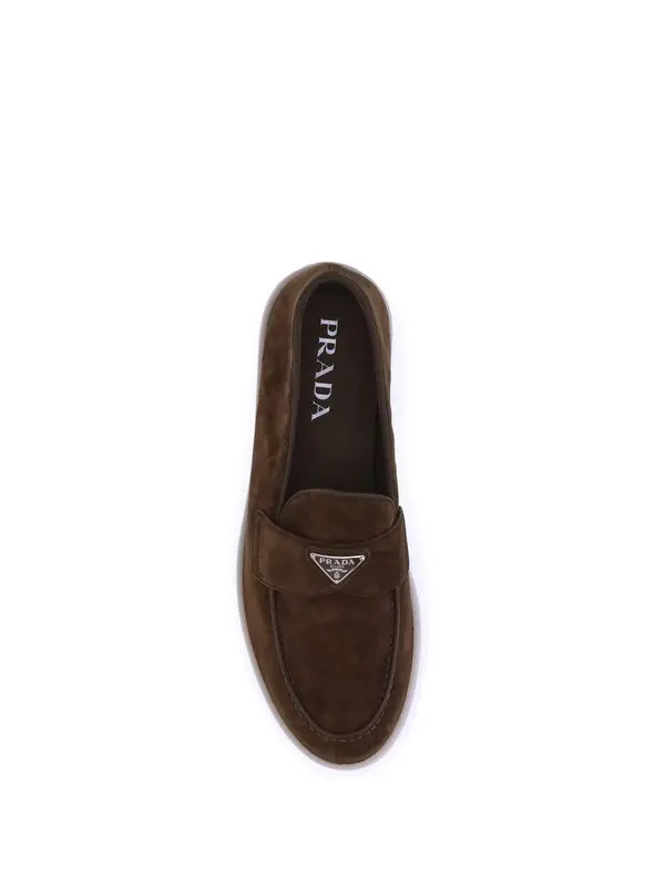 Prada Suede Loafers With Triangular Plaque - Brown