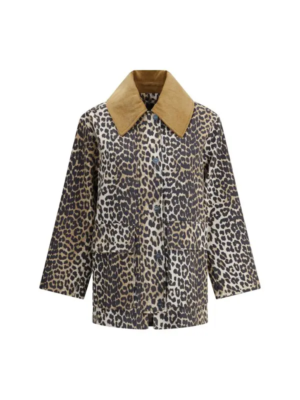 GANNI Leopard Print Jacket With Corduroy Collar - Brown