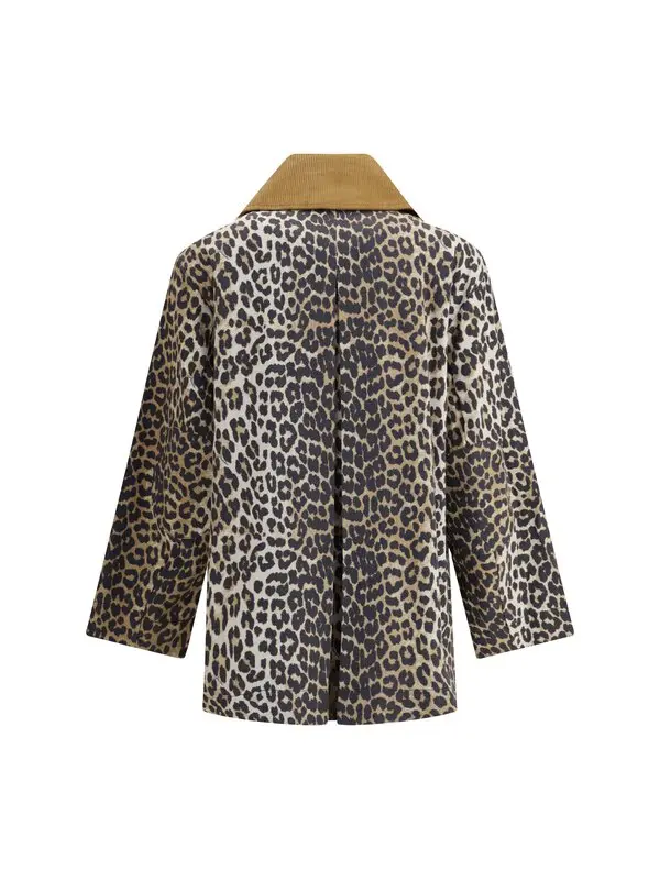 GANNI Leopard Print Jacket With Corduroy Collar - Brown