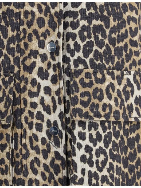 GANNI Leopard Print Jacket With Corduroy Collar - Brown