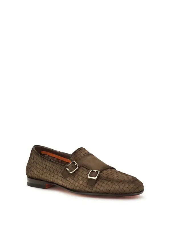 Santoni Woven Leather Double Buckle Loafers