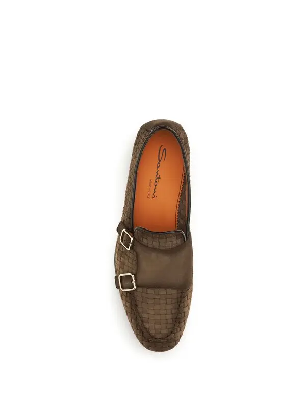 Santoni Woven Leather Double Buckle Loafers