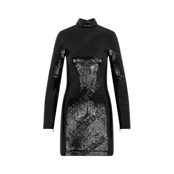 Balenciaga Sequin Embellished Turtleneck Dress - Black