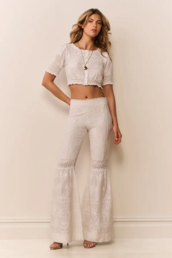 LoveShackFancy Tevla Cotton Victorian Bell Bottom Pants - White